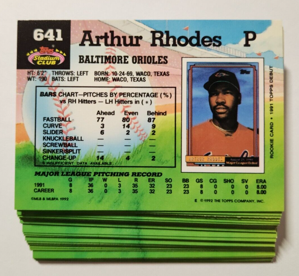 1992 ARTHUR RHODES BALTIMORE ORIOLES BASEBALL CARD #641 ( 35 CARD LOT ...