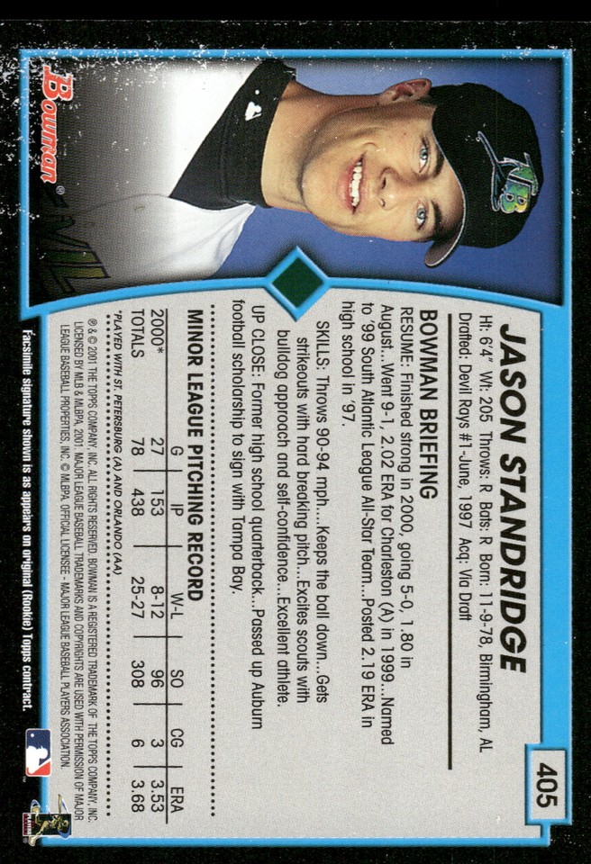 2001 Bowman #405 Jason Standridge Tampa Bay Devil Rays Baseball Card | eBay