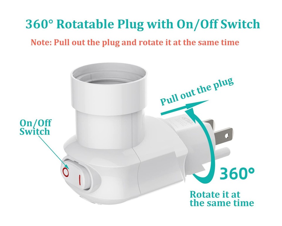 Plug in Light Socket Outlet to Socket Adapter 360° Rotatable Plug with ...