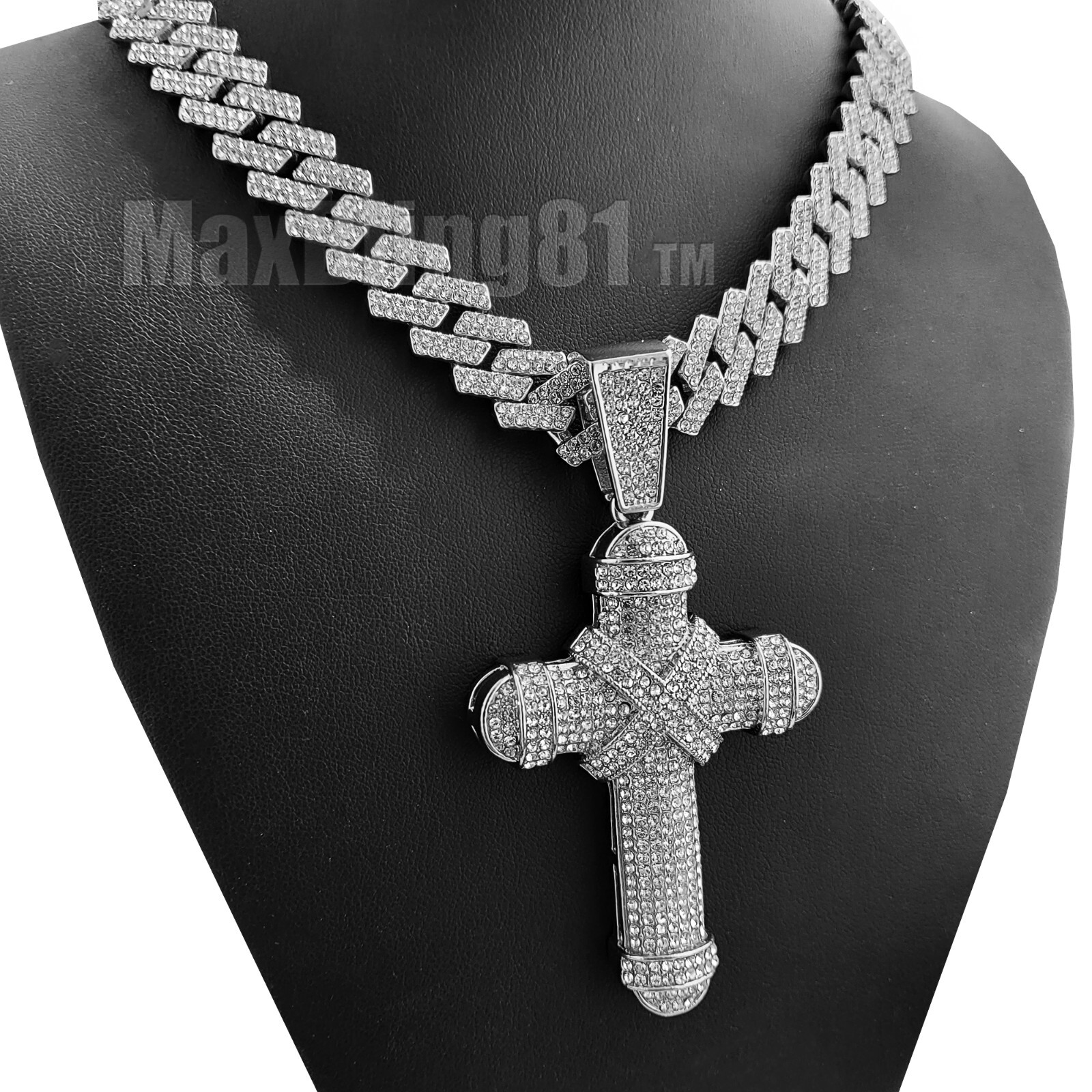 Large Silver PT Cross 18" ~ 24" Iced Zig Zag Cubic Zirconia Cuban Chain ...