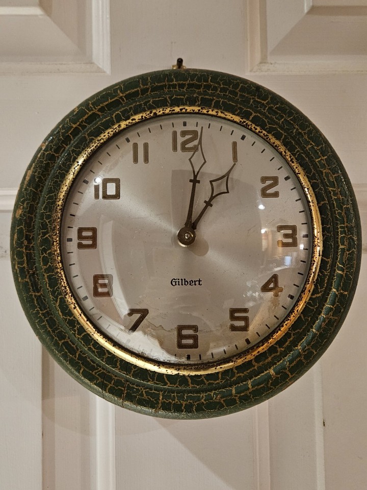 Antique Working 1940's GILBERT 8 Day Green Deco Mechanical Wind-Up Wall ...