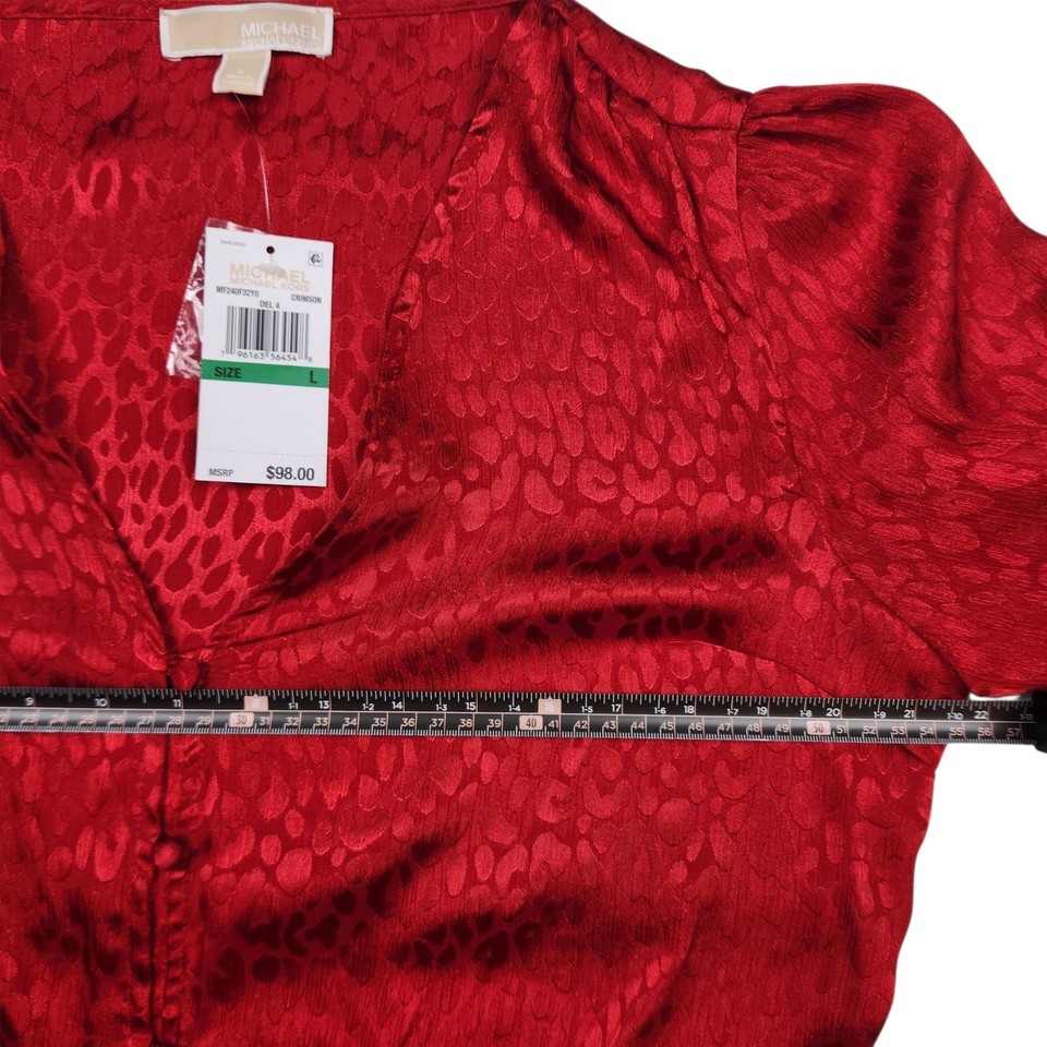 NWT Michael Kors Blouse L Crimson Red Animal Print Tie Front Cropped ...