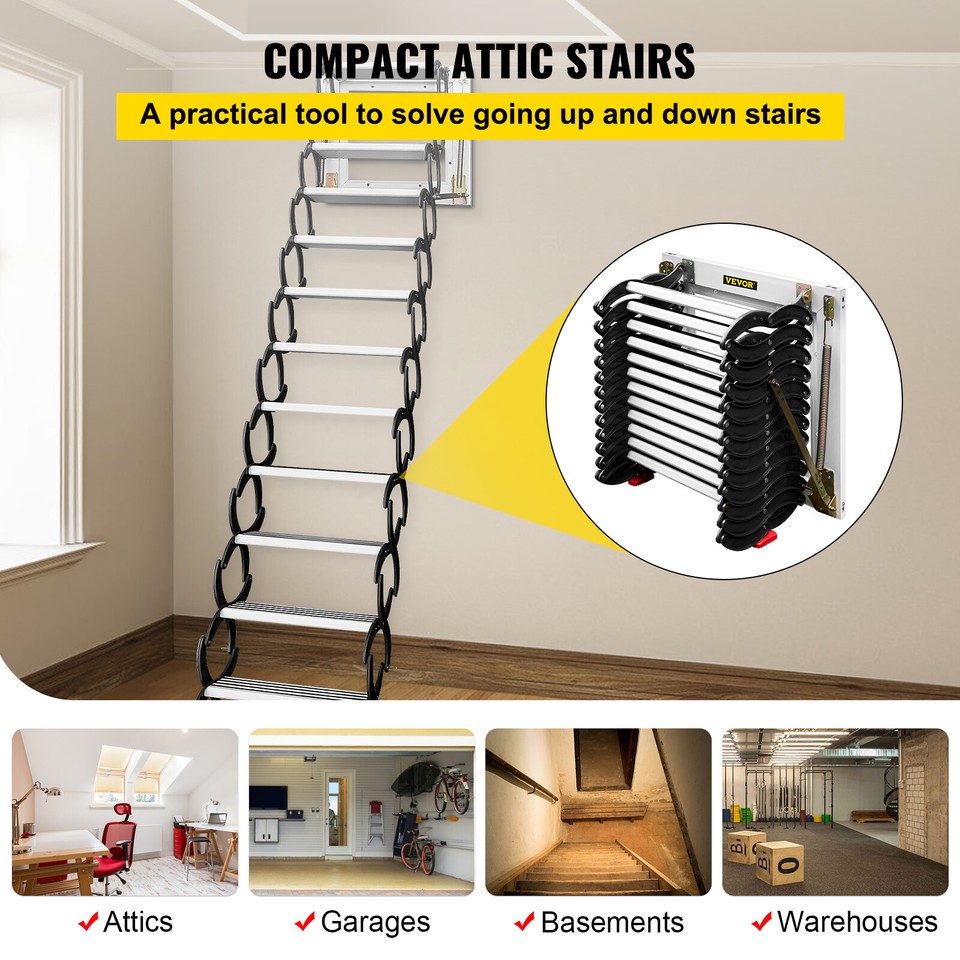 VEVOR 9.8ft Attic Ladder 12 Steps 660Lbs Steps Stairs Wall Mounted Loft ...