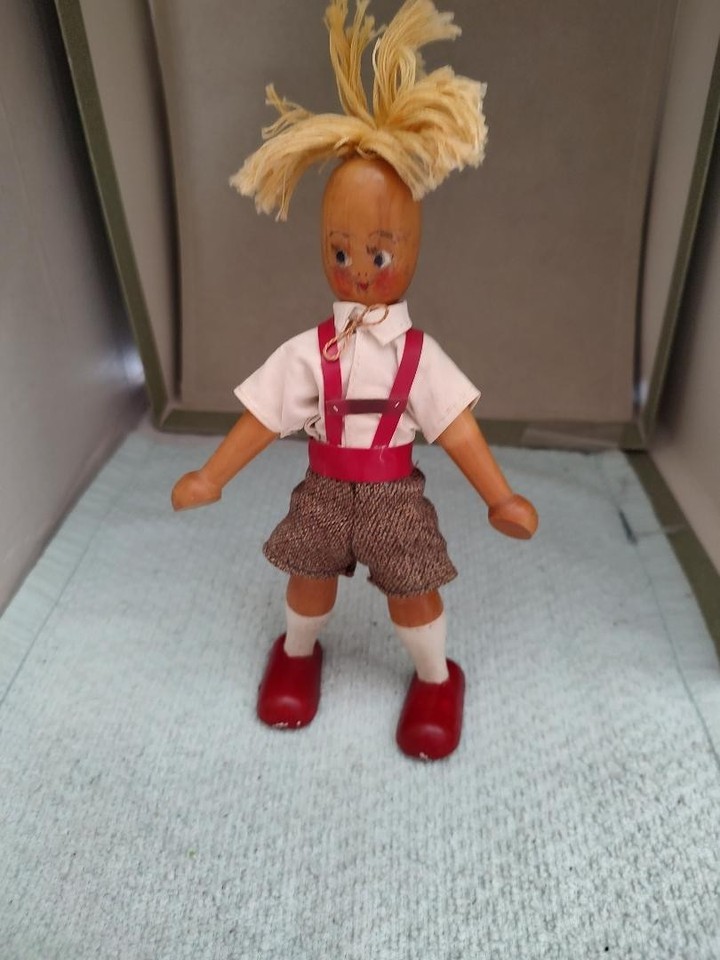 Wooden Polish Folk Peg Doll 7.5" Jointed, Red and White Orig Dress Vtg ...