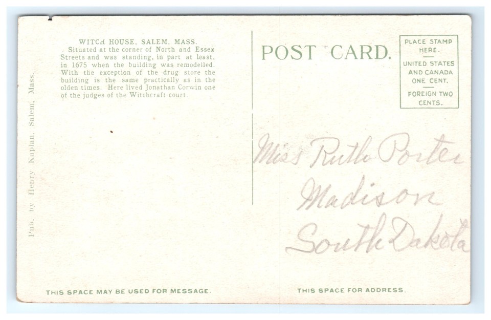 Postcard Witch House Salem Massachusetts Jonathan Corwin Judge ...