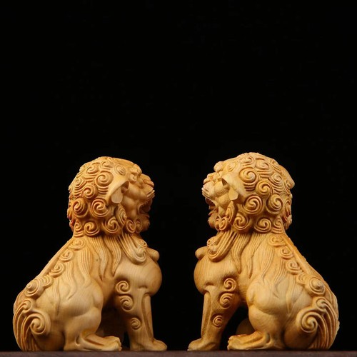 China Wood Carved Fengshui Animal Ball Pixiu Foo Fu Dog Lion Statue ...