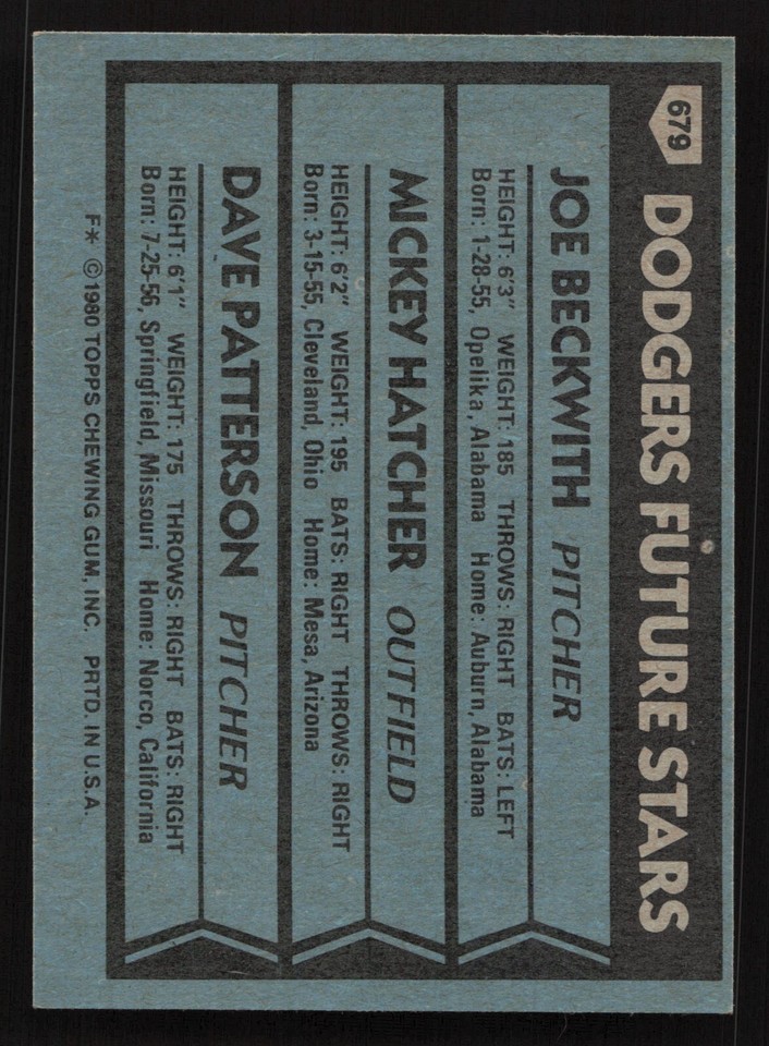 1980 Topps #679 Joe Beckwith/Mickey Hatcher/Dave Patterson RC LA ...