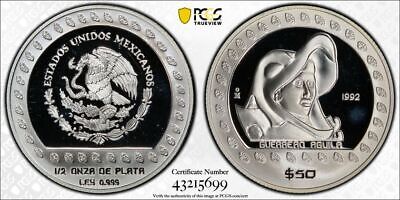 1992 Mo PCGS PROOF PR68 DCAM MEXICO 50 Peso Silver Guerrero Aguila Coin ...
