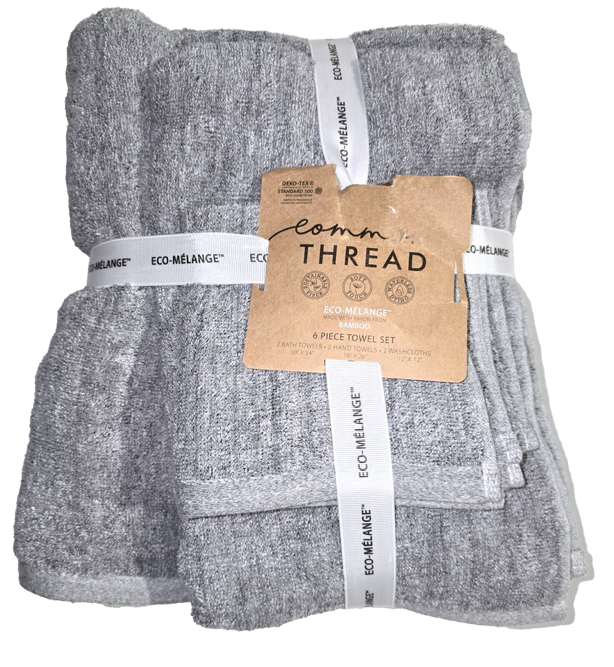 COMMON THREAD SET OF 6 PC GRAY COTTON,BAMBOO RAYON 2 BATH,HAND,WASH ...