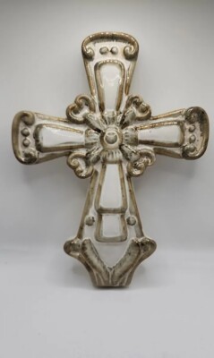 Ceramic Wall Cross Cream and Tan 9.5" Tall 7.25" Wide Beautiful | eBay