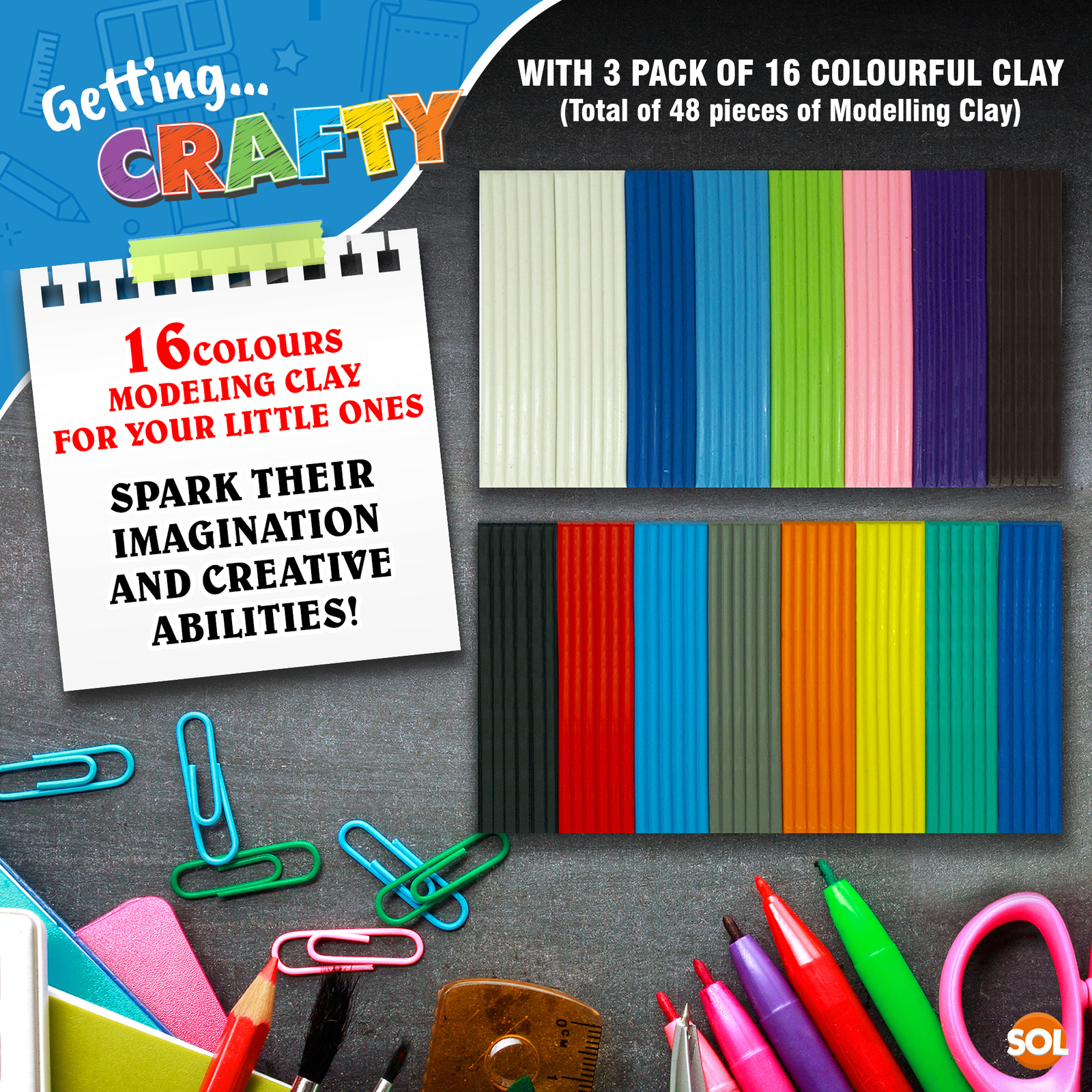 32-64pk Kids Modelling Clay Set 16 Colour Plasticine Putty Strips ...