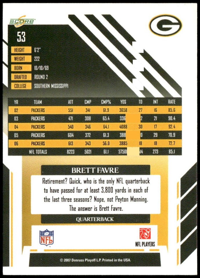 2007 Score #53 Brett Favre E1 | eBay