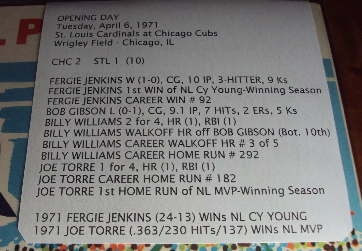1971 Cubs Cards OPENING DAY Program Fergie Jenkins WIN Billy Williams ...
