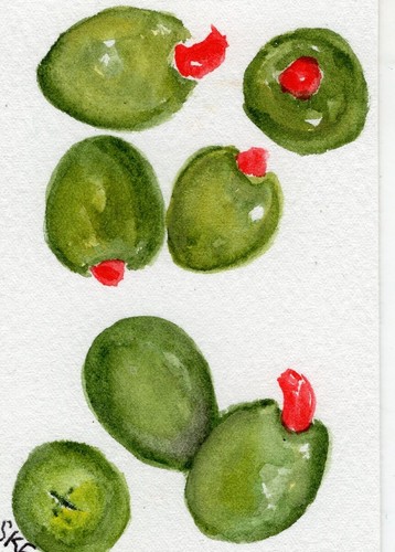 ACEO Green olives, Pimentos Watercolor Painting Art by Sharon Foster ...