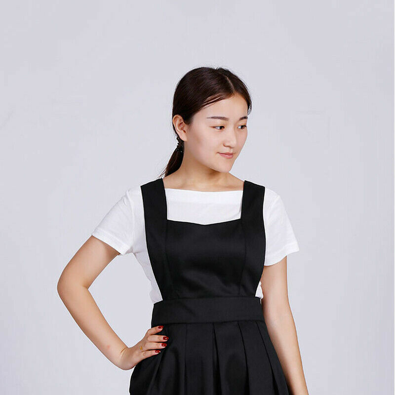 Lady Bib Apron Solid Pocketed Pleated Waitress Uniform Home Workwear ...