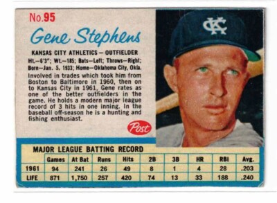 1962 POST #95, Gene Stephens, K. C. Athletics, Born Jan. 5, VGEX | eBay