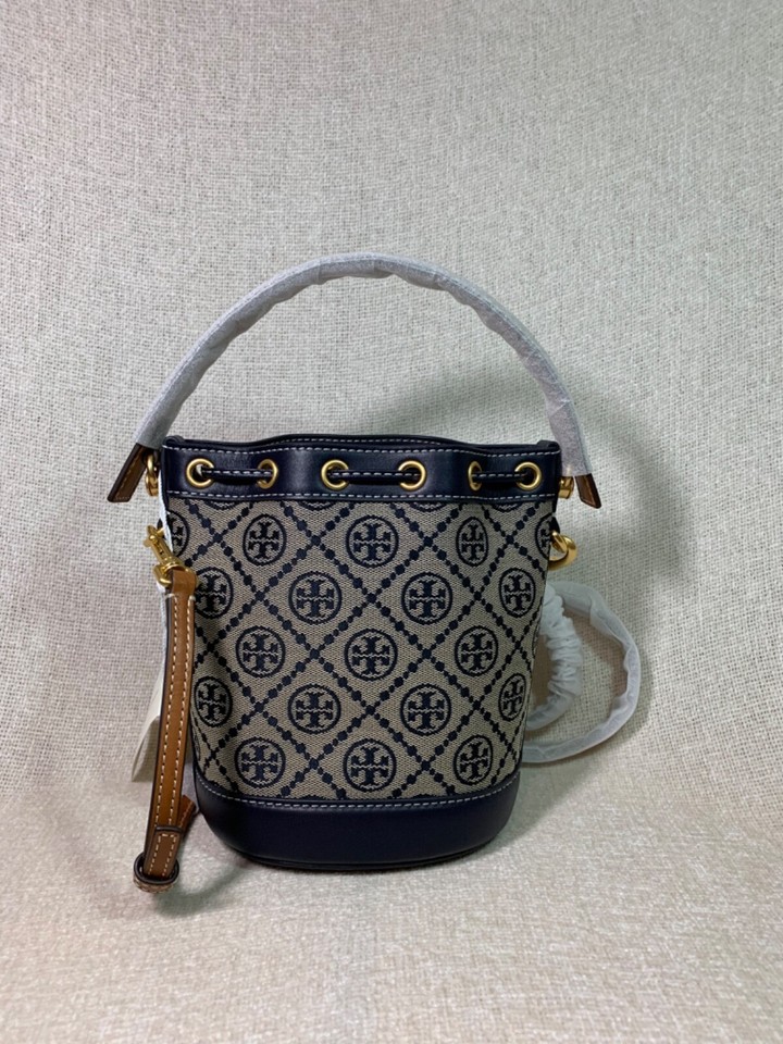 NEW Tory Burch T Monogram Tory Navy Jacquard Drawstring/Bucket/Shoulder ...