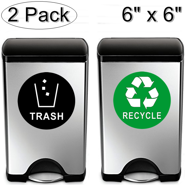 (2 Pack) 6" X 6" RECYCLE & TRASH Back Self Adhesive Vinyl Decal Sticker ...