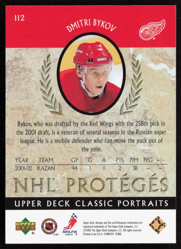 Dmitri Bykov 2002-03 Upper Deck Classic Portraits #112 #/1500 - Red Wings | eBay
