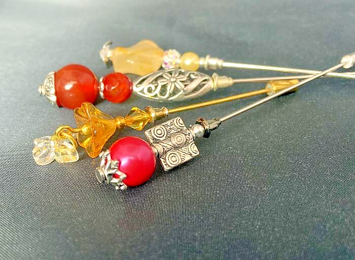 4 x HAT PINS LAPEL PINS/SHAWL HIJAB PINS Shell Pearl -Orange Agate ...