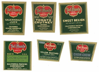 DEL MONTE Brand, 6 Different Condiments *ORIGINAL 1930's BOTTLE LABELS ...