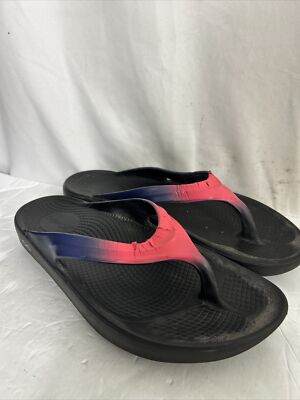Oofos OOLALA Flamingo Pink/Blue Thong Wedge Comfort Sandals Womens Size ...