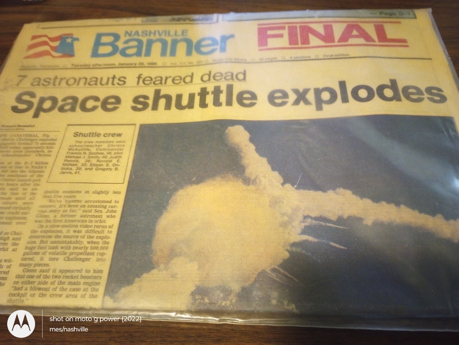 NASA - Space Shuttle Challenger Explodes - Full Nashville Banner ...