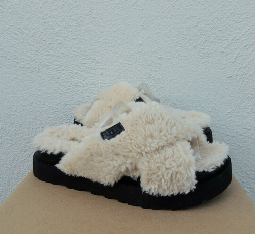 UGG NATURAL FUZZ SUGAR CROSS SLIDE WOOL/ FAUX FUR SLIPPERS, US 7/ EUR ...