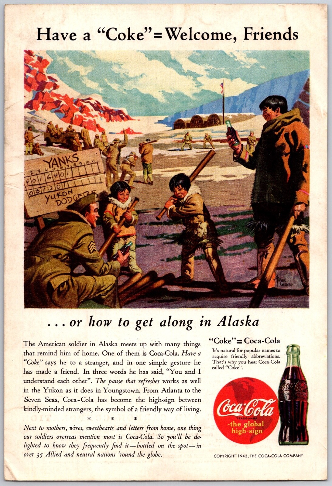 1943 Coca Cola Vintage Ad War Time WWII Soldiers in Alaska Yukon Eskimo ...
