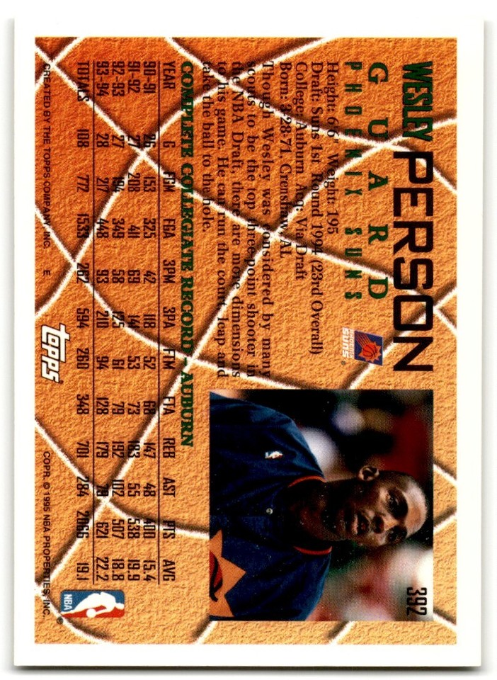 1995-96 Topps 94 NBA Draft Pick Wesley Person Rookie Phoenix Suns #392 ...
