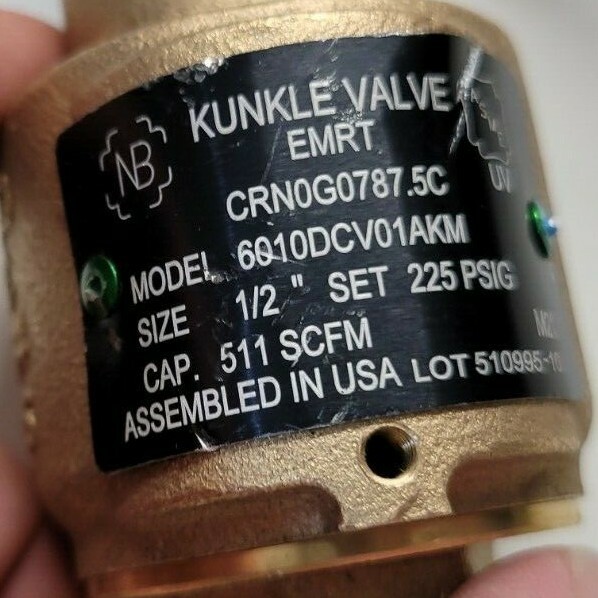 Kunkle CRN0G0787.5C 1/2" EMRT Bronze Relief Valve 225 PSIG 511 Cap ...