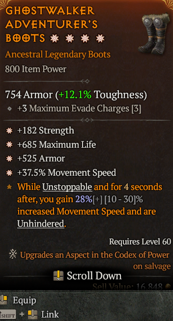 Diablo 4 S11 Boots 4GA 182 Strength 685 Max life 525 Armor 37.5% ...