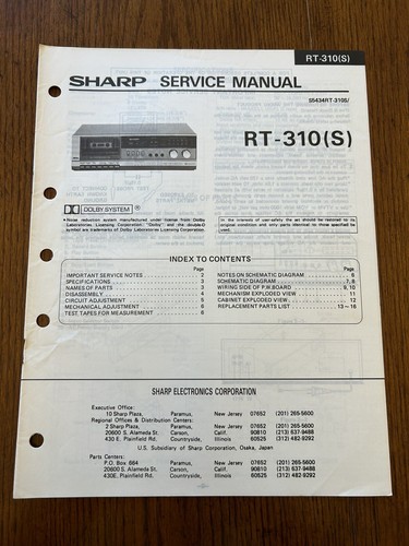 Sharp RT-310 (S) Cassette Tape Deck Service Manual Vintage OEM Diagrams ...