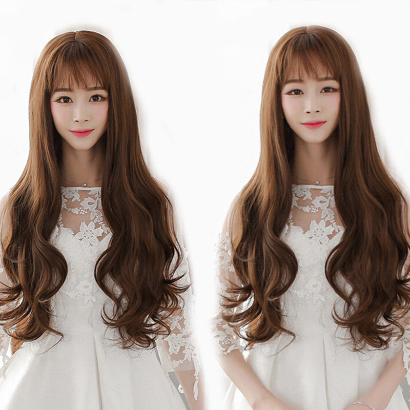 Fashion Long Brown Curly Wavy Bangs Women Lady Girl Hair Wig Full Wigs ...