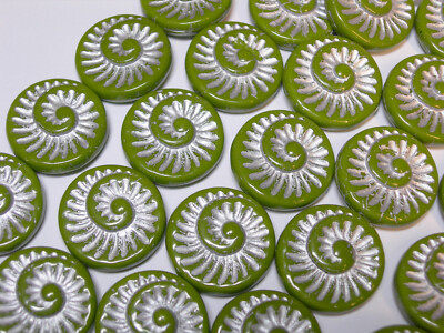 6 - 18mm Green w/ Silver Fossil Snail Swirl Spiral Czech Glass Coin ...