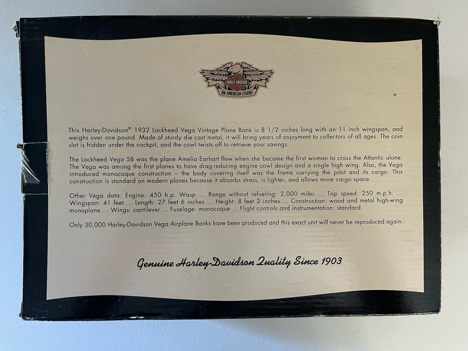 Harley Davidson Lockheed Vega 5B Highwing Model Airplane Bank Diecast ...