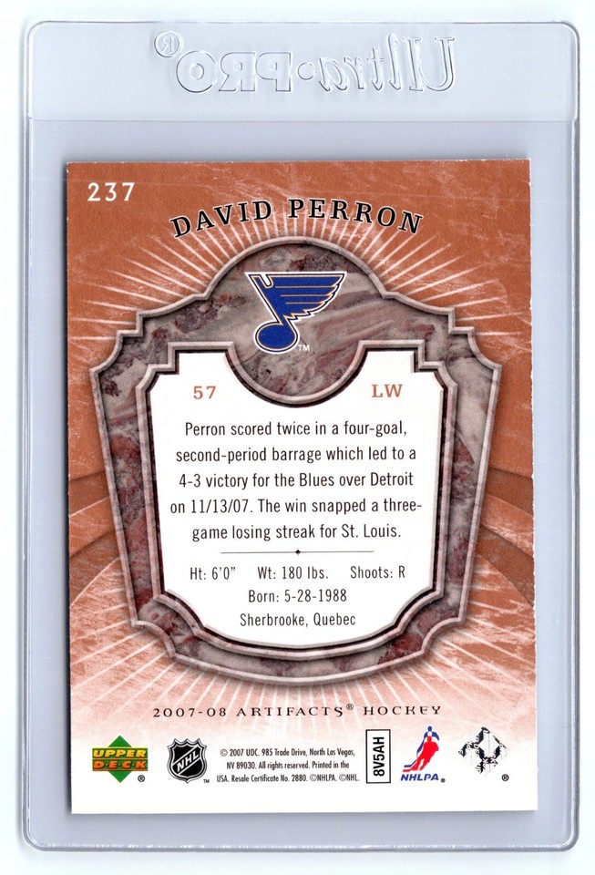 2007-08 UD ARTIFACTS ROOKIE #237 DAVID PERRON /599 ST LOUIS BLUES | eBay