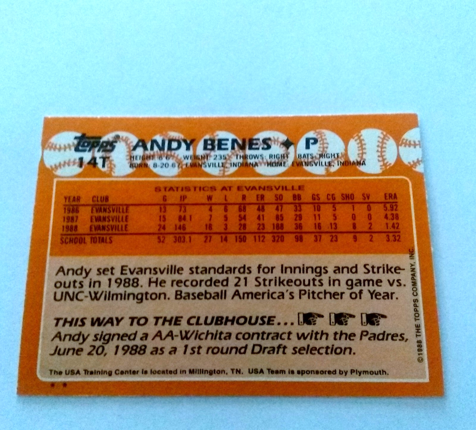 1988 Topps Traded Baseball Andy Benes Rookie Card #14T Factory Set ...