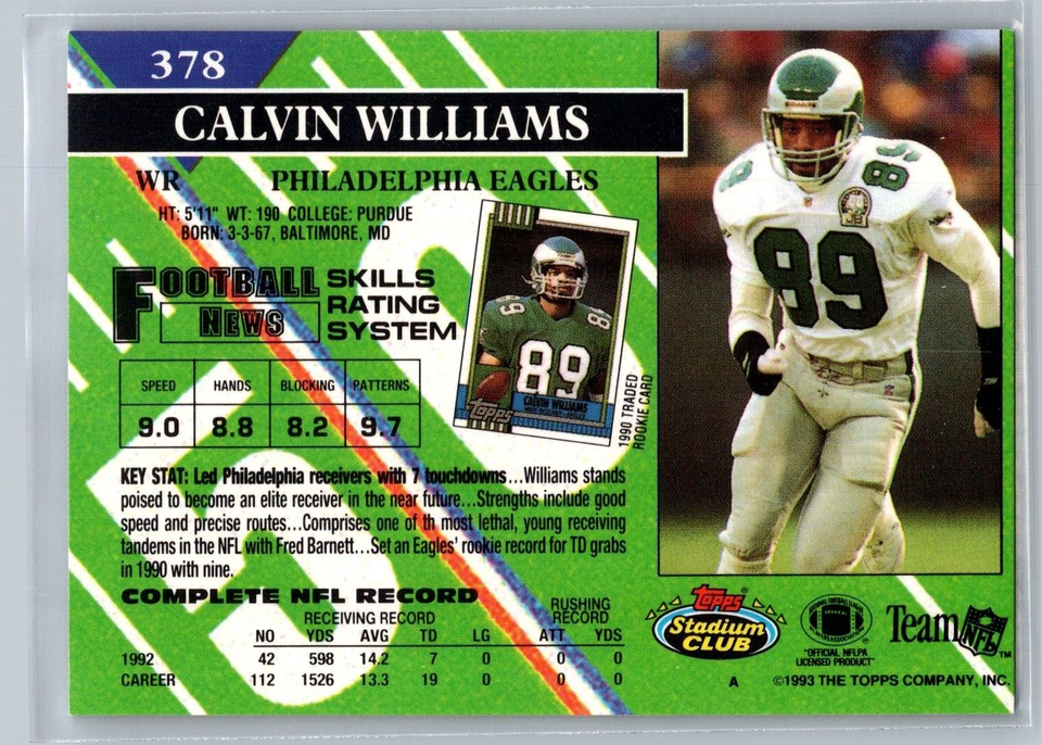 1993 TOPPS STADIUM CLUB CARD # 378 Calvin Williams - Philadelphia ...