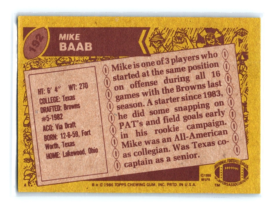 1986 Topps FOOTBALL #192 Mike Baab RC Rookie Cleveland Browns | eBay