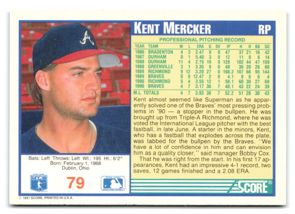 1991 Score Kent Mercker #79 Atlanta Braves BASEBALL Card | eBay