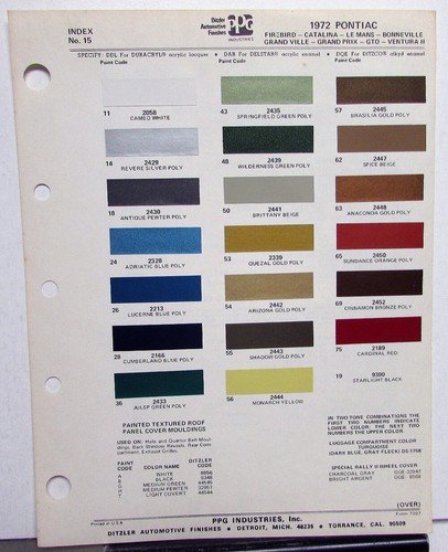 1972 Pontiac Color Paint Chips PPG Firebird Le Mans GTO Grand Prix | eBay