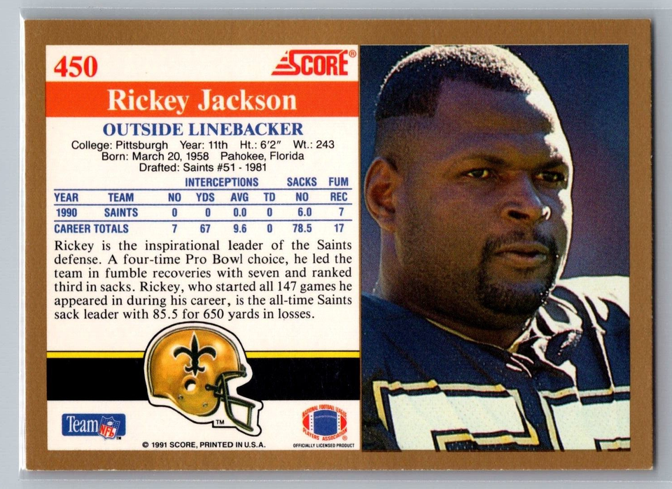 1991 SCORE CARD # 450 Rickey Jackson - New Orleans Saints | eBay