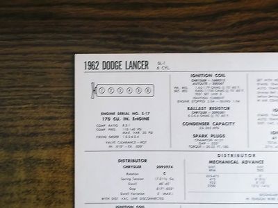1962 Dodge Lancer SIX Series SL-1 Models 170 CI L6 Tune Up Chart | eBay