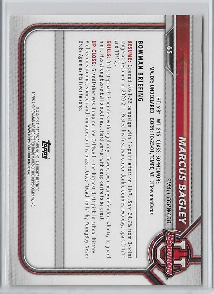 2021-22 Bowman U Basketball Marcus Bagley 1st Bowman Rookie Card #65 RC ...