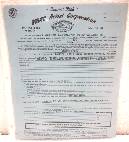 Rex Gosdin Brothers Signed Autograph Show Contract 1967 Phx AZ Mr ...