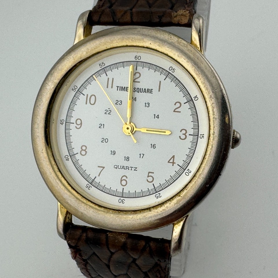 Vintage Time Square Quartz Watch Men Gold Tone Leather Military Dial ...