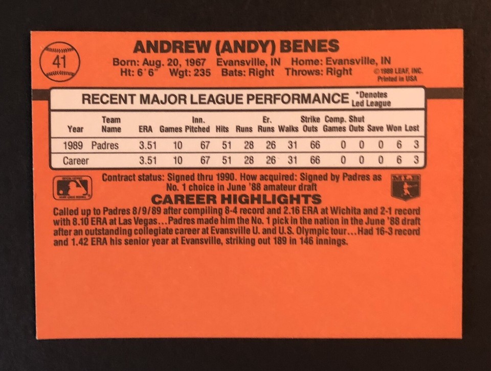 1990 Donruss Baseball Rated Rookie Card #41-Andy Benes- San Diego ...