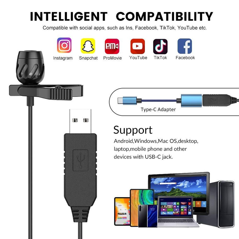 USB Lavalier Microphone, Lapel Microphone for Computer, USB-C Clip On ...