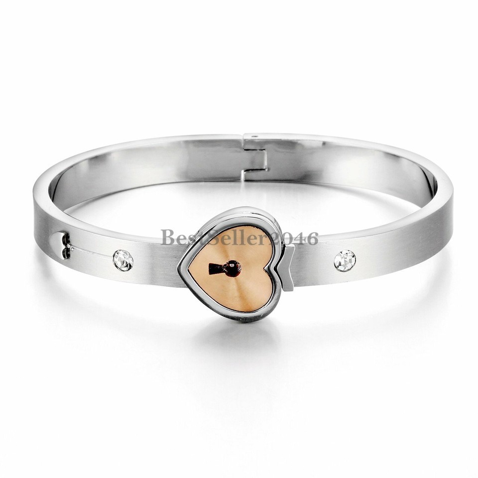 Womens Heart Lock Bangle Bracelet and Key Pendant Chain Necklace ...